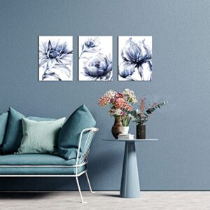 HOMEOART Blue Flower Picture Wall Decor Floral Canvas Print Bathroom Decor Wall Art Blue Elegant Flower Art Print Framed Ready to Hang (12x16inchx3 Pieces)