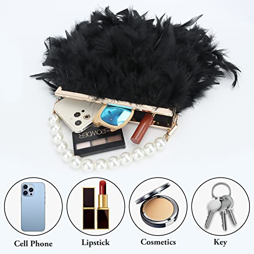 GOKTOW Black Feather Clutches Purses for Women Bag，Pearl Fluffy Evening Handbags for Wedding Anniversary Party,Black