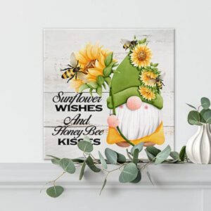 Lameila Farmhouse Sunflower Gnome Sign Wall Art Prints Canvas Painting Rustic Chic Gnome Sunflowers and Bees Print Country Home Decor Wreath Accent 8" X 8"