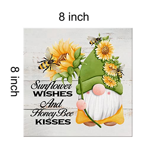 Lameila Farmhouse Sunflower Gnome Sign Wall Art Prints Canvas Painting Rustic Chic Gnome Sunflowers and Bees Print Country Home Decor Wreath Accent 8" X 8"