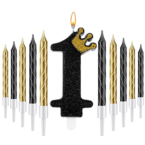 13 Pieces Celebration Candle Set Including Black Glitter Number 1 Birthday Candle with Crown 6 Pcs Black Spiral Candle 6 Pcs Gold Thin Spiral Cake Candles for Birthday Kids Cake Topper Party Supply