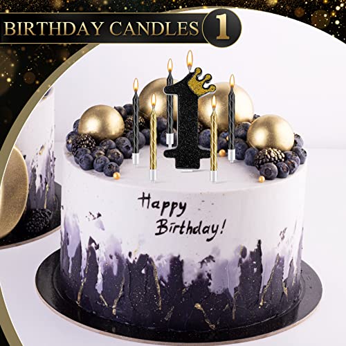 13 Pieces Celebration Candle Set Including Black Glitter Number 1 Birthday Candle with Crown 6 Pcs Black Spiral Candle 6 Pcs Gold Thin Spiral Cake Candles for Birthday Kids Cake Topper Party Supply