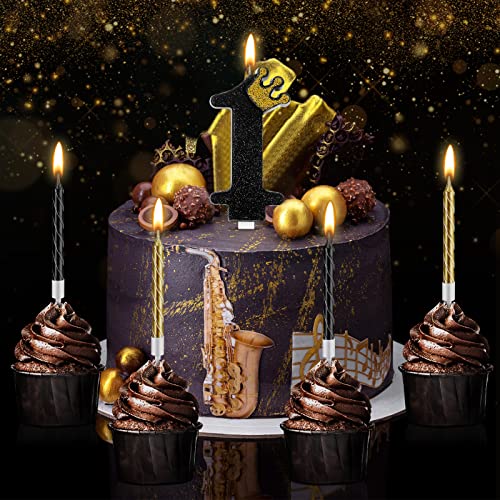 13 Pieces Celebration Candle Set Including Black Glitter Number 1 Birthday Candle with Crown 6 Pcs Black Spiral Candle 6 Pcs Gold Thin Spiral Cake Candles for Birthday Kids Cake Topper Party Supply