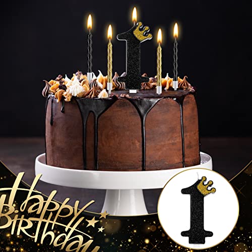 13 Pieces Celebration Candle Set Including Black Glitter Number 1 Birthday Candle with Crown 6 Pcs Black Spiral Candle 6 Pcs Gold Thin Spiral Cake Candles for Birthday Kids Cake Topper Party Supply