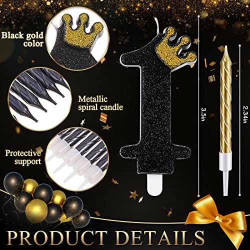 13 Pieces Celebration Candle Set Including Black Glitter Number 1 Birthday Candle with Crown 6 Pcs Black Spiral Candle 6 Pcs Gold Thin Spiral Cake Candles for Birthday Kids Cake Topper Party Supply