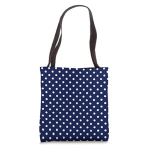 navy blue and white polka dot pattern tote bag