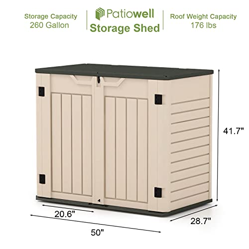 Patiowell Outdoor Horizontal Storage Shed,4' x 2' Weather Resistant Resin Tool Shed with Lockable Multi-Opening Door, Easy Storage for Trash Cans, Lawnmowe, Garden Accessories and Bicycles