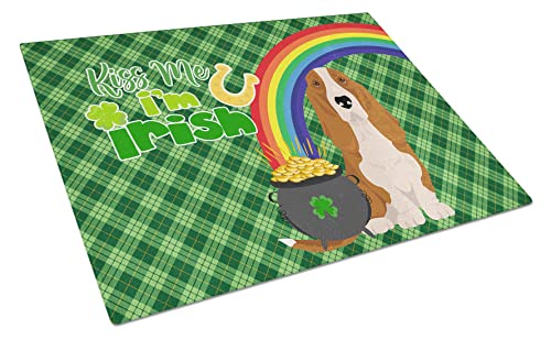 Caroline's Treasures WDK4744LCB Red and White Tricolor Basset Hound St. Patrick's Day Glass Cutting Board Large, 12H x 16W, multicolor