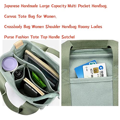 PIPLYKI Japanese Handmade Large Capacity Multi Pocket Handbag,Waterproof Canvas Tote Bag for Women,for Work Travel (Khaki)