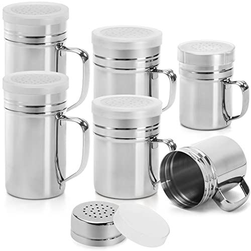 Dicunoy 6 Pack Stainless Steel Dredge Shaker, Metal Salt and Pepper Shaker with Lid and Handle, Restaurant Griddle Seasoning Spice Condiment Bottle Container for Kitchen, BBQ, Baking, 5oz, 7oz, 12oz