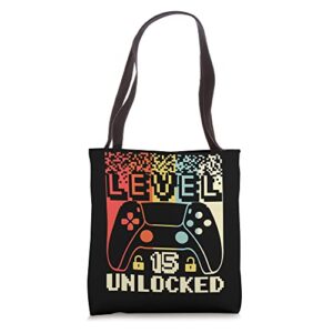 15 year old gamer level 15 unlocked 15th birthday gift boy tote bag