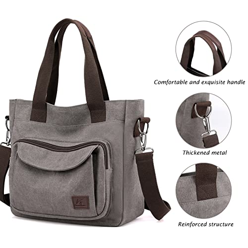 Women's Canvas Tote Purse Shoulder Crossbody Bag Handbag Multi-pocket Large Capacity Top Handle Work Bags(Grey)