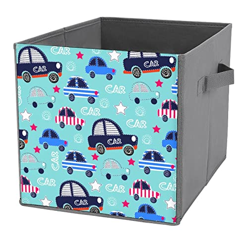 DamTma Cute Police Car Collapsible Storage Cubes Funny Traffic Car 10.6 Inch Fabric Storage Bins Storage Cubes with Handles Basket Storage Organizer for Clothes Pet Toys