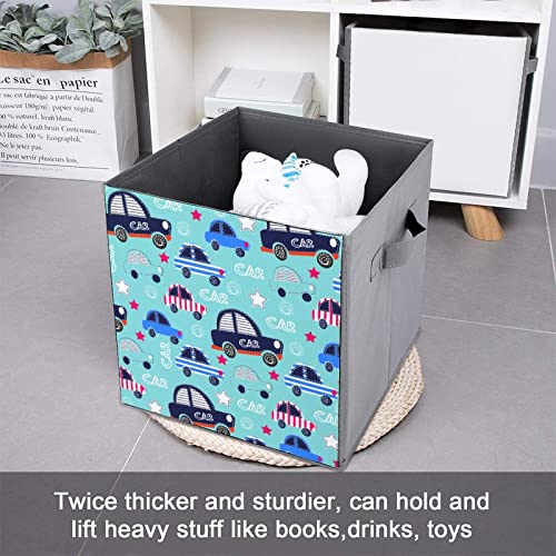 DamTma Cute Police Car Collapsible Storage Cubes Funny Traffic Car 10.6 Inch Fabric Storage Bins Storage Cubes with Handles Basket Storage Organizer for Clothes Pet Toys