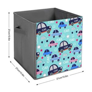 DamTma Cute Police Car Collapsible Storage Cubes Funny Traffic Car 10.6 Inch Fabric Storage Bins Storage Cubes with Handles Basket Storage Organizer for Clothes Pet Toys