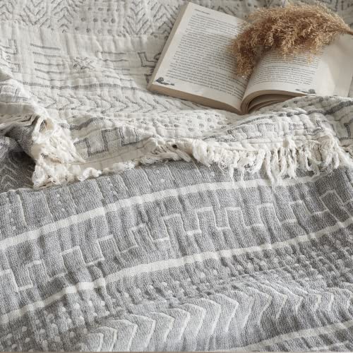 Boho Throw Blankets Queen Size Gray Blanket 100% Cotton Blanket for Bed Extra Soft Queen and Giant Blanket Queen Size Boho Blanket Lightweight Muslin Throws 51X67,87x95 (Grey, Queen)