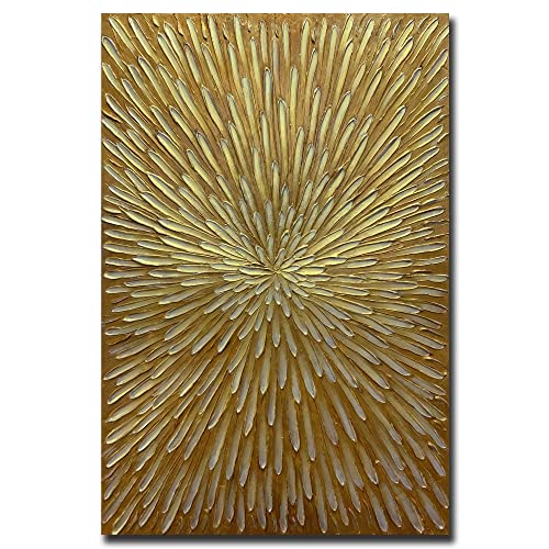 ART8YUQI Paintings - Thick Heavy Texture Wall Art Abstract Golden Flowers Picture Modern Artwork Oil Painting 3D Gradient Bright Pictures Ready to Hang for Living Room Decor 24x36 Inch