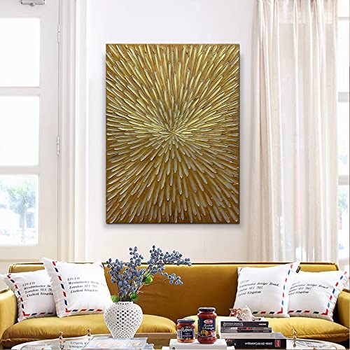 ART8YUQI Paintings - Thick Heavy Texture Wall Art Abstract Golden Flowers Picture Modern Artwork Oil Painting 3D Gradient Bright Pictures Ready to Hang for Living Room Decor 24x36 Inch