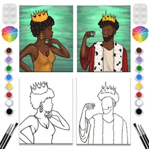 2 pack paint and sip canvas painting kit pre drawn canvas for painting for adults stretched canvas couples games date night afro king queen paint party supplies favor (8×10)