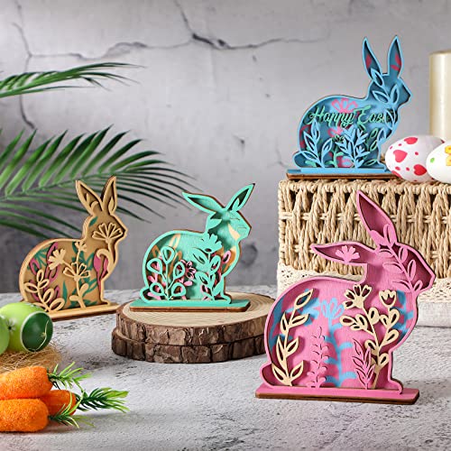 4 Pcs Easter Table Decor Bunny Wooden Signs Spring Rabbit Wood Tabletop Decorations Easter Tiered Tray Decor Bunny Freestanding Centerpiece Reversible Double Printed Bunny Table Decor with Jute Rope