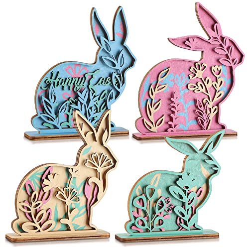 4 Pcs Easter Table Decor Bunny Wooden Signs Spring Rabbit Wood Tabletop Decorations Easter Tiered Tray Decor Bunny Freestanding Centerpiece Reversible Double Printed Bunny Table Decor with Jute Rope