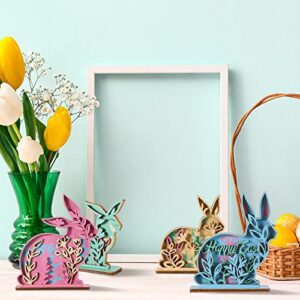 4 Pcs Easter Table Decor Bunny Wooden Signs Spring Rabbit Wood Tabletop Decorations Easter Tiered Tray Decor Bunny Freestanding Centerpiece Reversible Double Printed Bunny Table Decor with Jute Rope