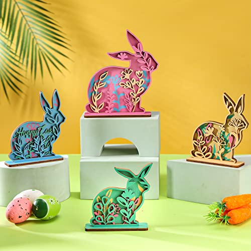 4 Pcs Easter Table Decor Bunny Wooden Signs Spring Rabbit Wood Tabletop Decorations Easter Tiered Tray Decor Bunny Freestanding Centerpiece Reversible Double Printed Bunny Table Decor with Jute Rope