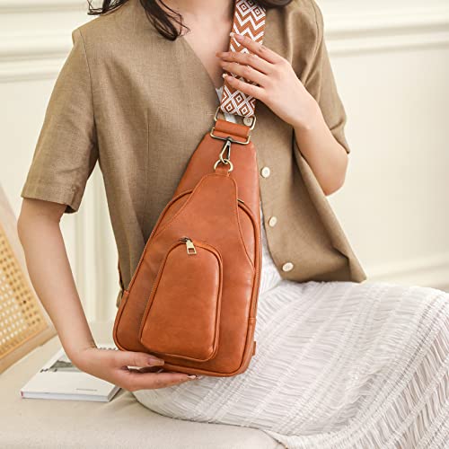 Stylifeo PU Leather Women Sling Bag Boho Sling Backpack Small Crossbody Fashion Chest Bags Satchel Daypack for Cycling Hiking Brown