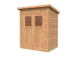 leisure season urbano lean to shed kit – modern weatherproof outdoor storage with floor, doors, plexiglass windows, pent roof nordic spruce wood for garden, yard medium brown, 6’x4′ (urb6x43781)