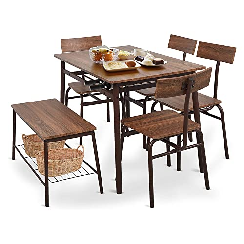 JOMEED 6 Piece Industrial Style Stainless Metal Frame Kitchen Dining Room Table, Chairs, & Bench Furniture Set with Storage, Brown