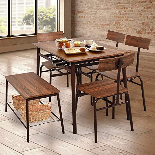 JOMEED 6 Piece Industrial Style Stainless Metal Frame Kitchen Dining Room Table, Chairs, & Bench Furniture Set with Storage, Brown