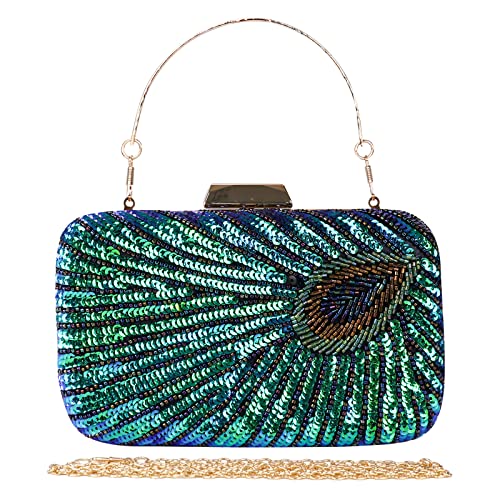 COAIMANEY Women's Vintage Beaded Sequin Peacock Clutch Purse Handmade Crossbody Bag Evening Handbag For Wedding Party Prom