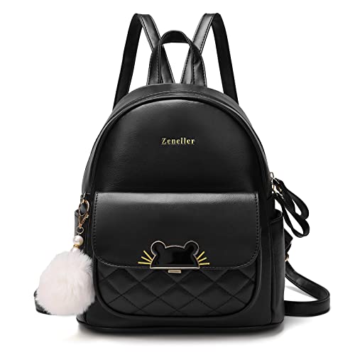 Zeneller Mini Backpack for Girls Cute Small Backpack Purse Leather Backpack Purse Lightweight Satchel Bags with Pom (Black)