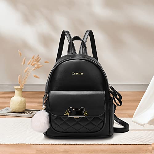 Zeneller Mini Backpack for Girls Cute Small Backpack Purse Leather Backpack Purse Lightweight Satchel Bags with Pom (Black)