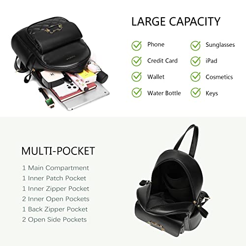 Zeneller Mini Backpack for Girls Cute Small Backpack Purse Leather Backpack Purse Lightweight Satchel Bags with Pom (Black)