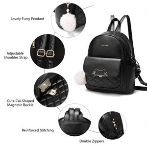 Zeneller Mini Backpack for Girls Cute Small Backpack Purse Leather Backpack Purse Lightweight Satchel Bags with Pom (Black)