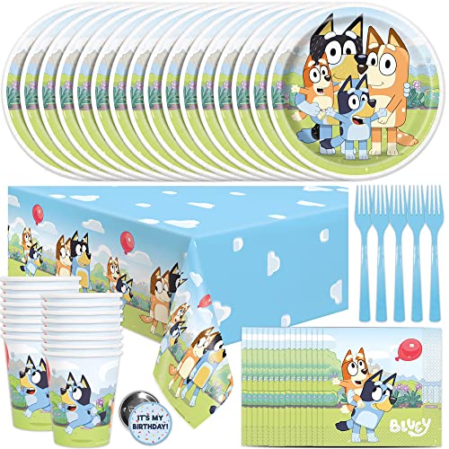 Unique Bluey Birthday Party Supplies | Bluey Party Supplies | Bluey Birthday Decorations | Bluey Party Decorations | With Bluey Tablecover, Bluey Plates, Bluey Cups, Bluey Napkins, Forks, Button