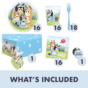 Unique Bluey Birthday Party Supplies | Bluey Party Supplies | Bluey Birthday Decorations | Bluey Party Decorations | With Bluey Tablecover, Bluey Plates, Bluey Cups, Bluey Napkins, Forks, Button