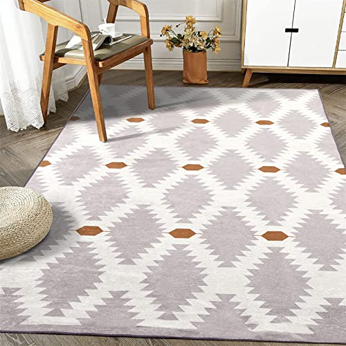 RoomTalks Flatweave Ultra Thin Area Rugs 4x6, Slip Resistant No-Pile Chenille Printed Modern Geometric Khaki Area Rug Machine Washable, Boho Vintage Floor Carpet for Dining Room Kitchen Entryway