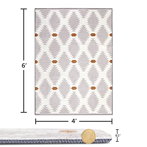 RoomTalks Flatweave Ultra Thin Area Rugs 4x6, Slip Resistant No-Pile Chenille Printed Modern Geometric Khaki Area Rug Machine Washable, Boho Vintage Floor Carpet for Dining Room Kitchen Entryway