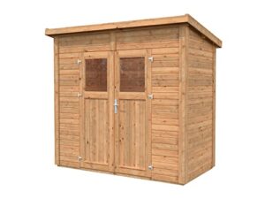 leisure season urbano lean to shed kit – modern weatherproof outdoor storage shed with floor, doors, plexiglass windows, pent roof – nordic spruce wood shed kit – medium brown, 8’x4′ (urb8x47853)