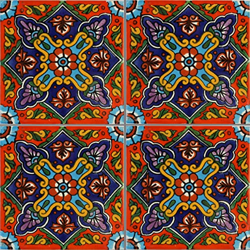 6x6 4 pcs Taretan Talavera Mexican Tile, Multicolor