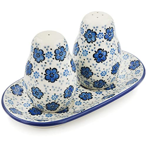 Polish Pottery Salt and Pepper 3-Piece Set made by Ceramika Artystyczna (Flowing Blues Theme) + Certificate of Authenticity