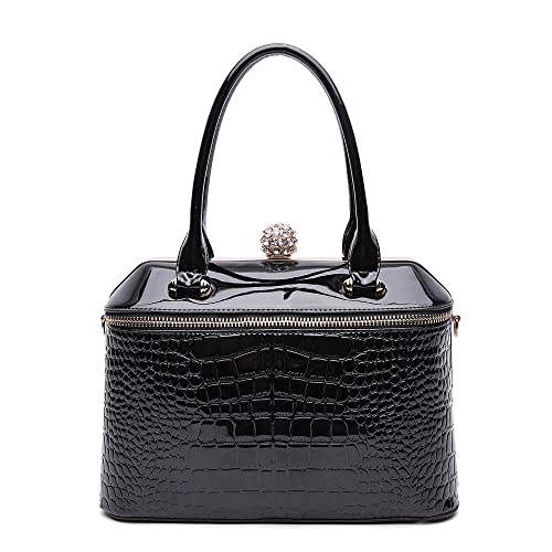 Style Strategy black patent leather purses for women Crocodile Textured Shoulder handbag with kiss lock Satchel crossbody for women