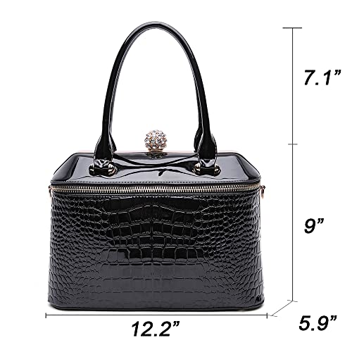 Style Strategy black patent leather purses for women Crocodile Textured Shoulder handbag with kiss lock Satchel crossbody for women