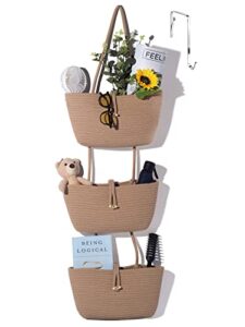 oradrem over the door basket cotton rope organizer, 3-tier wall hanging storage basket, closet organizing, decorative baskets for organizing living room—14.5“x7″ (khaki)