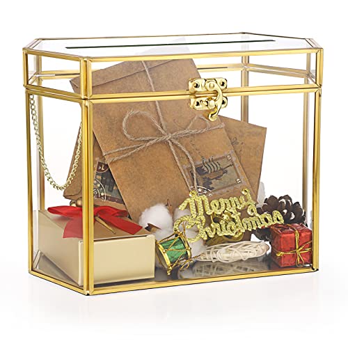 ELLDOO Wedding Glass Card Box with Slot, Vintage Glass Lidded Box Terrarium Box Display Box Glass Gift Gold Box for Wedding Reception Anniversary Shower Birthday Party Wishing Well