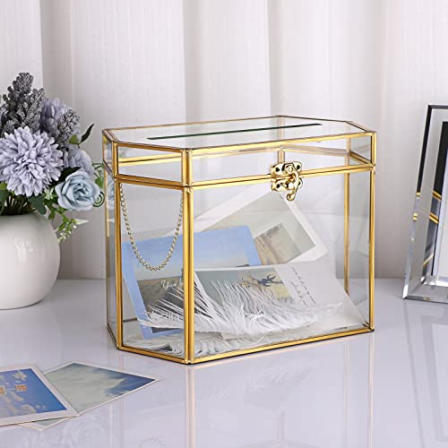 ELLDOO Wedding Glass Card Box with Slot, Vintage Glass Lidded Box Terrarium Box Display Box Glass Gift Gold Box for Wedding Reception Anniversary Shower Birthday Party Wishing Well