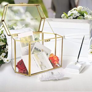 ELLDOO Wedding Glass Card Box with Slot, Vintage Glass Lidded Box Terrarium Box Display Box Glass Gift Gold Box for Wedding Reception Anniversary Shower Birthday Party Wishing Well