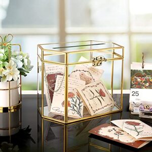 ELLDOO Wedding Glass Card Box with Slot, Vintage Glass Lidded Box Terrarium Box Display Box Glass Gift Gold Box for Wedding Reception Anniversary Shower Birthday Party Wishing Well